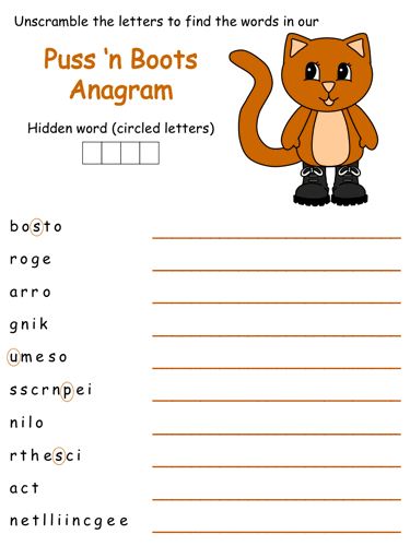 Puss in Boots Anagram Puzzles